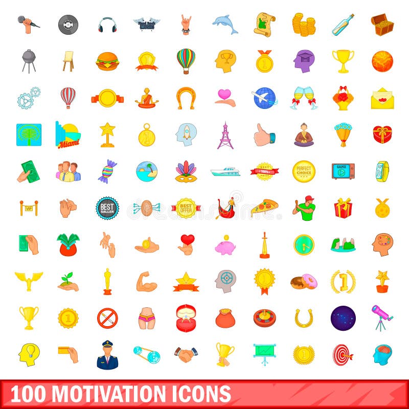 100 Motivation Icons Set, Cartoon Style Stock Vector - Illustration of ...