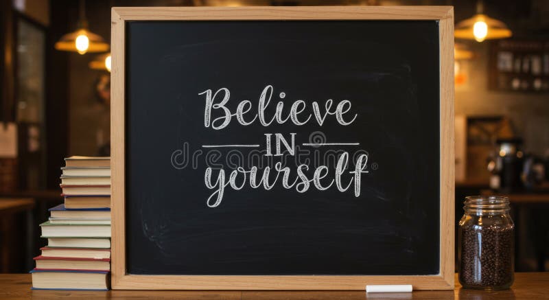 Motivational Chalkboard Message in Cozy Library Setting with Stacked ...