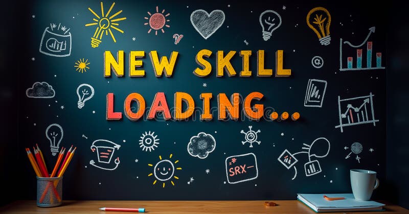 Motivational New Skill Loading Chalkboard with Learning Icons Stock ...