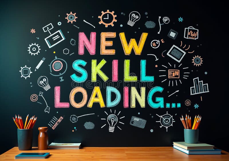 Motivational New Skill Loading Chalkboard with Learning Icons Stock ...