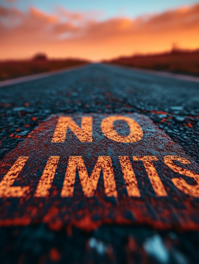 Motivational No Limits Text on a Road at Sunset. Stock Image - Image of ...