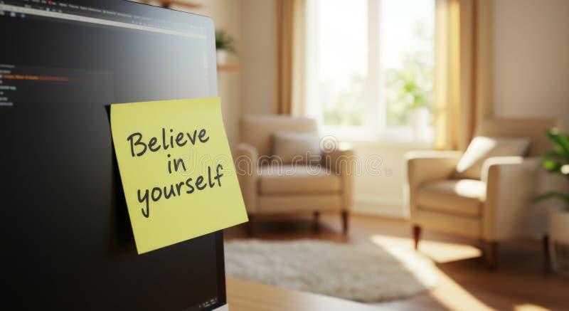 Motivational Note on Computer Screen in Bright Home Office Setting ...