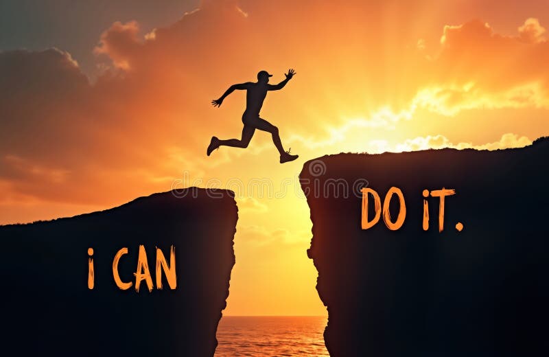 Motivational Silhouette of Man Jumping Over Chasm between Cliffs ...