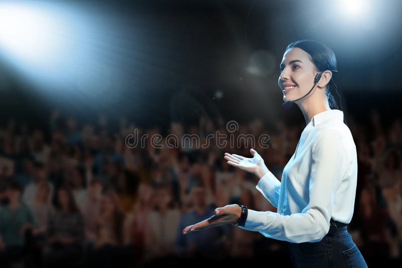 Motivational Speaker with Headset Performing on Stage. Generative AI ...
