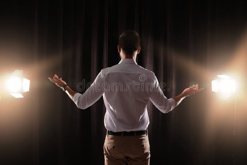 Motivational Speaker with Headset Performing on Stage, Back View Stock ...