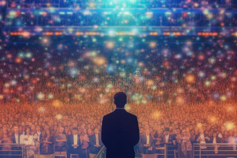 Motivational Speaker with Headset Performing on Stage, Back View ...