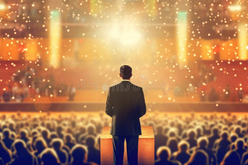 Motivational Speaker with Headset Performing on Stage, Back View ...