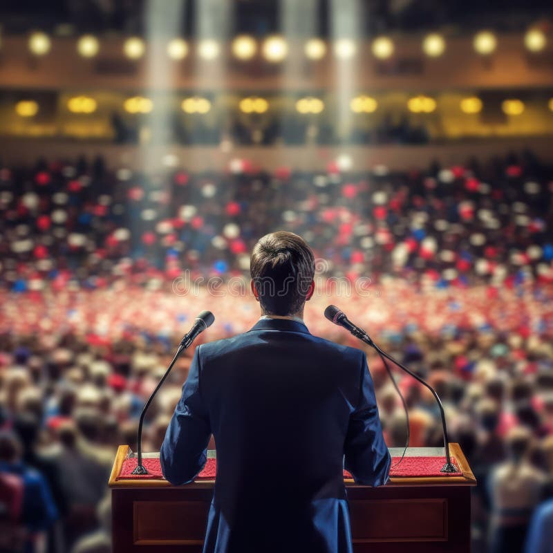 Motivational Speaker with Headset Performing on Stage, Back View ...