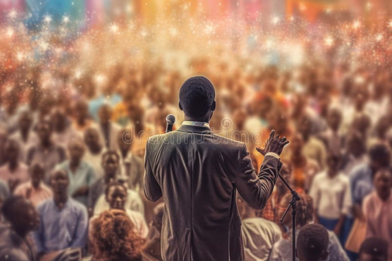 Motivational Speaker with Headset Performing on Stage, Back View ...