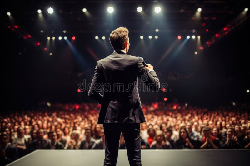 Motivational Speaker Performing on Stage for Large Audience Stock ...