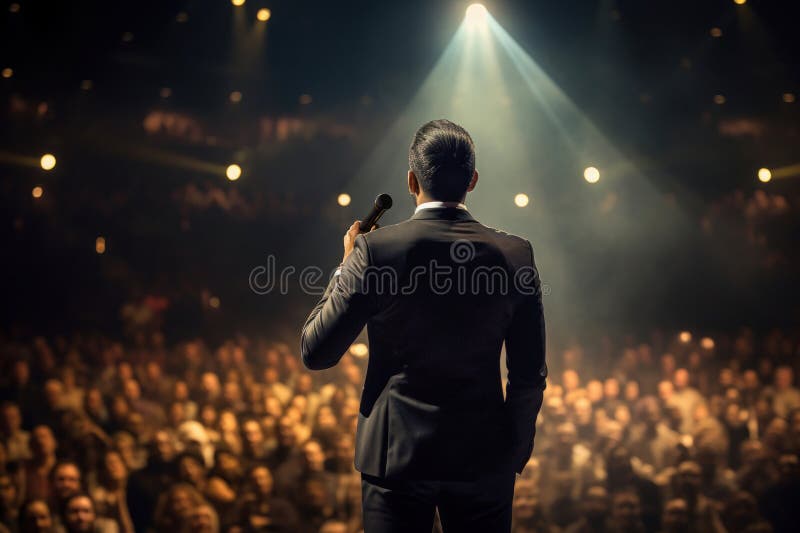 Motivational Speaker Performing on Stage for Large Audience Stock ...