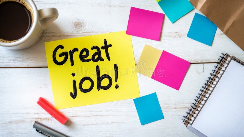 Motivational Workspace with Coffee, Notepad, and Colorful Sticky Notes ...