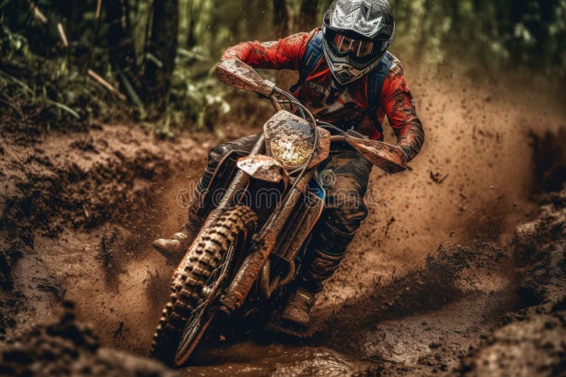 Motocross in Mud Cloud with Forest on Background. Biker Rider in Action ...