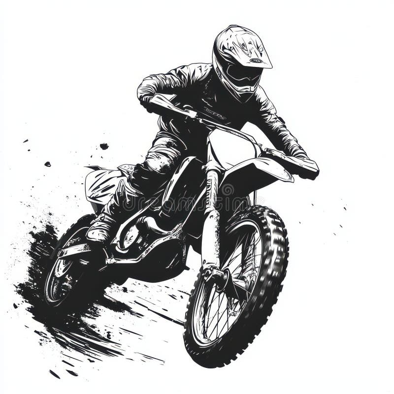 Motocross Rider in Action Black and White Illustration Stock ...