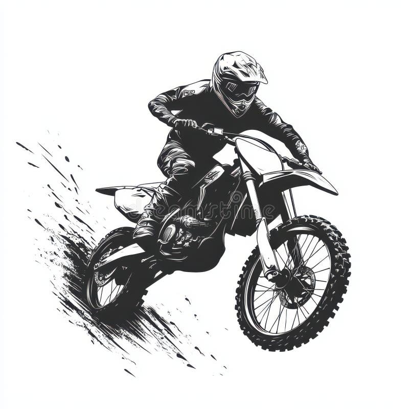 Motocross Rider in Action Black and White Illustration Stock ...