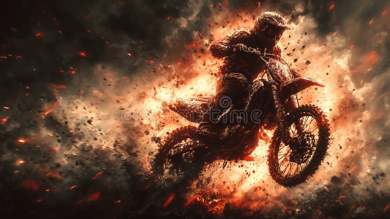 Motocross Rider Exploding through Dust and Fire Stock Illustration ...