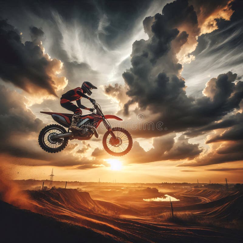 Motocross Rider Jumps High Against a Dramatic Sky Backdrop Stock ...