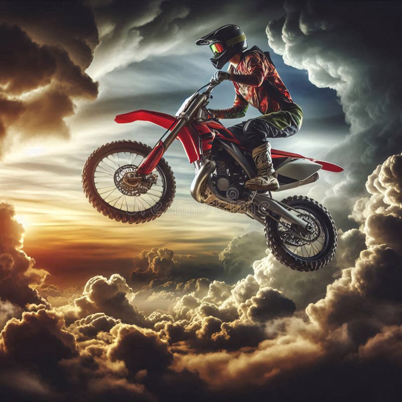 Motocross Rider Mid-air Against a Dramatic Sky Stock Illustration ...