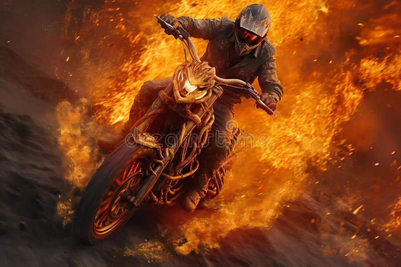 Motocross Rider on a Motorcycle in the Flames of Fire Stock ...