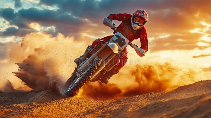 Motocross Rider in Red Racing Suit at Sunset Stock Illustration ...