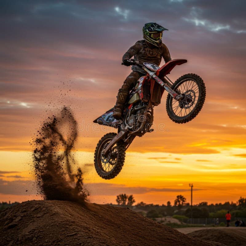 Motocross Rider Soaring at Sunset Stock Illustration - Illustration of ...