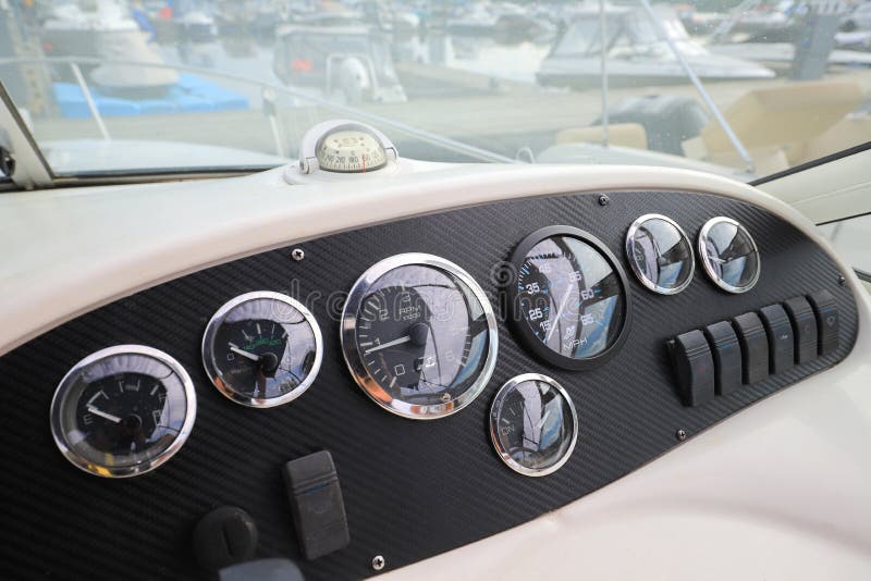 Motor Boat Dashboard with Navigation Devices Stock Photo - Image of ...