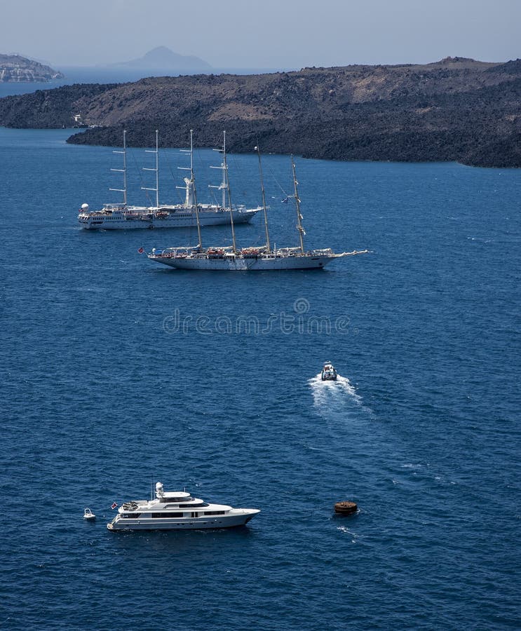 Motor Launch Ferrying Passengers in Caldera at Fira Stock Image - Image ...