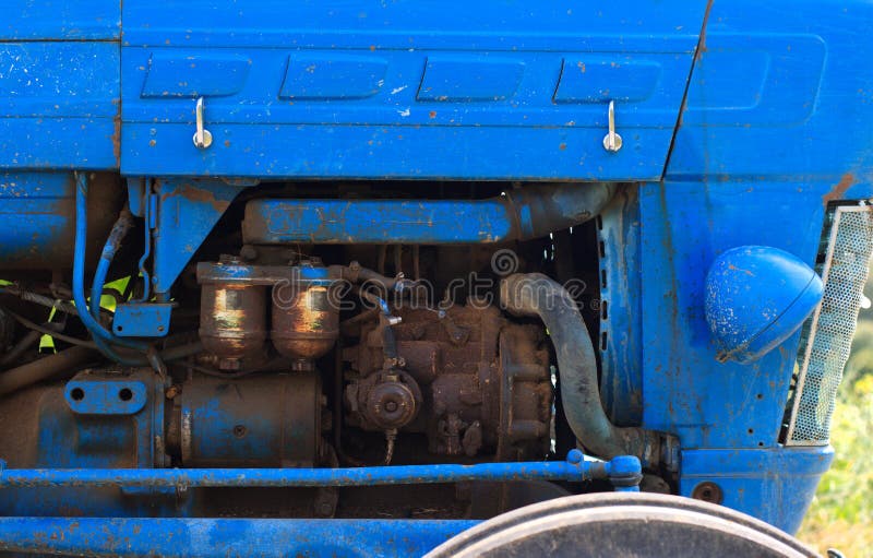 Motor of the Old Blue Tractor Stock Photo - Image of rural, industry ...