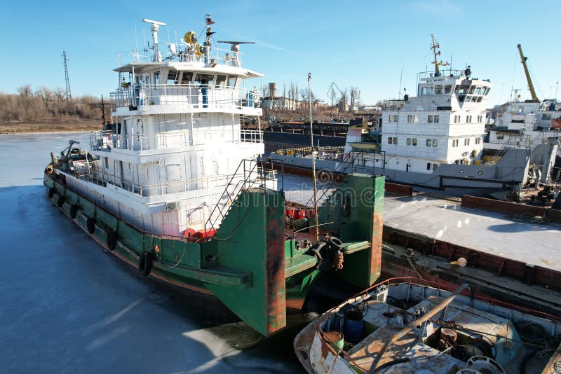 Motor Ship Pusher Anchored in Winter Parking in the Backwater of the ...
