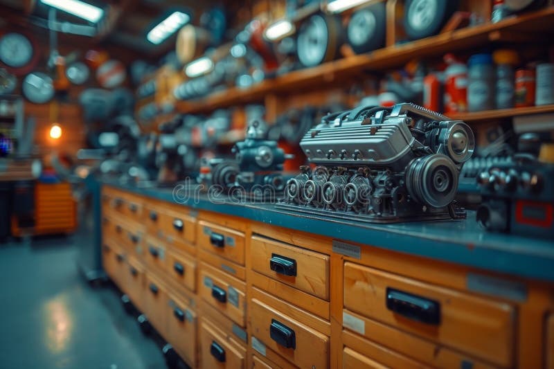 Motor Vehicle Repair Shop with Engine Ready for Service and Tool Rack ...