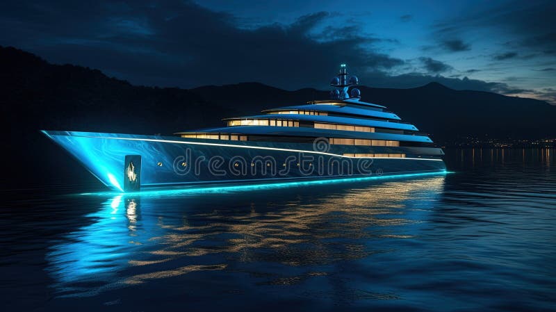 The Motor Yacht at the Marina with a Blue Light Stock Illustration ...
