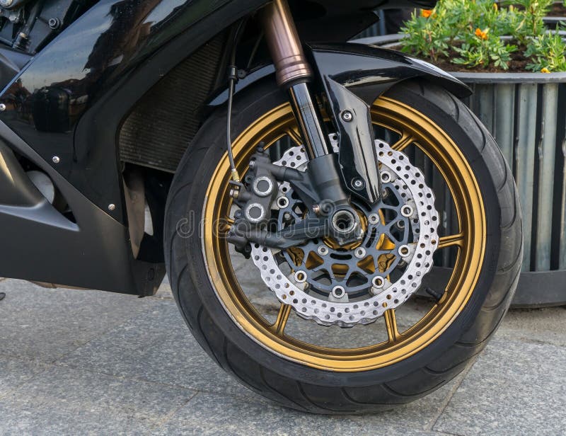 Motorbike Front Wheel with Disc Break Stock Photo - Image of circle ...