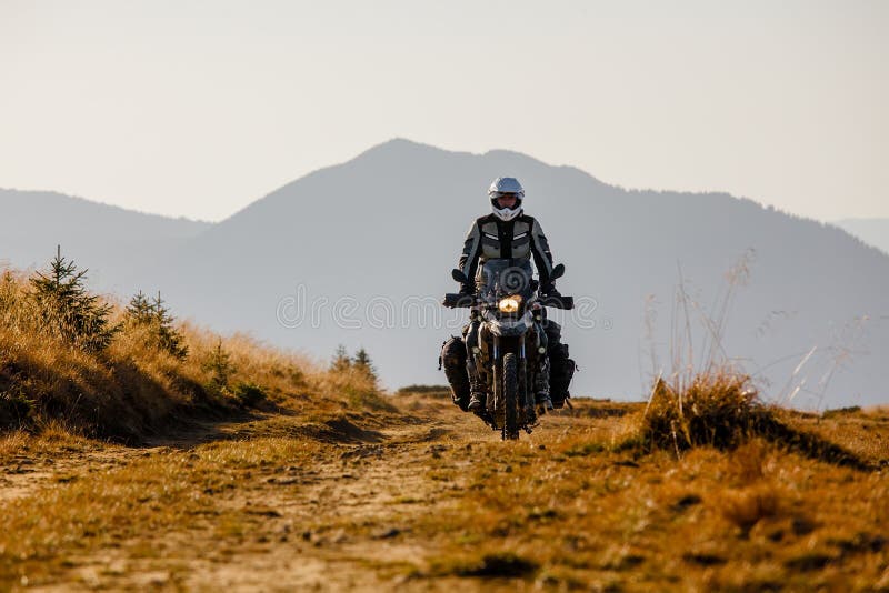 Motorbiker Travelling in Autumn Mountains Stock Image - Image of green ...