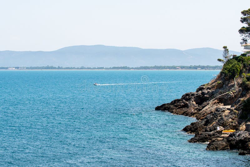 Motorboat Moving on the Sea Stock Photo - Image of marina, hill: 225322510