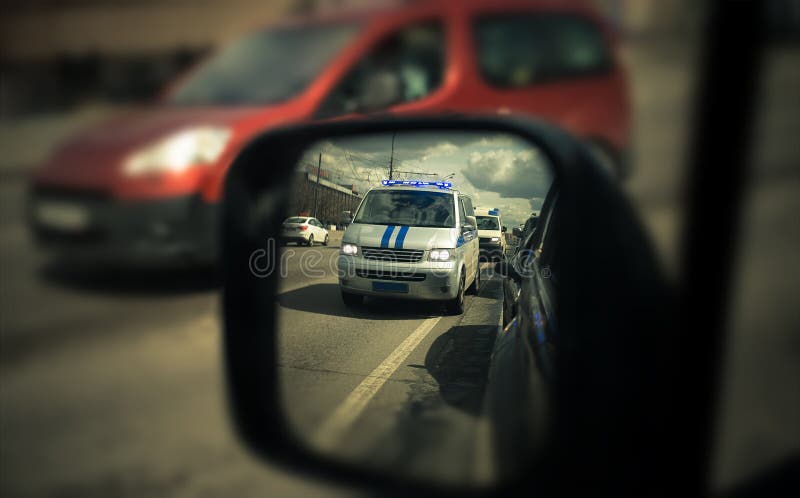 Police Car in Rearview Mirror Stock Photo - Image of ticket, police ...