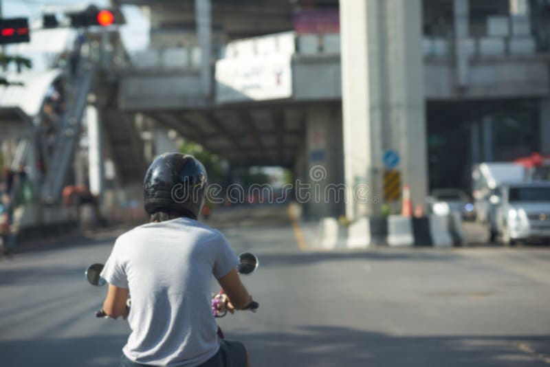 Motorcle Back View of Traffic Road while Driver Wait for Green Traffic ...