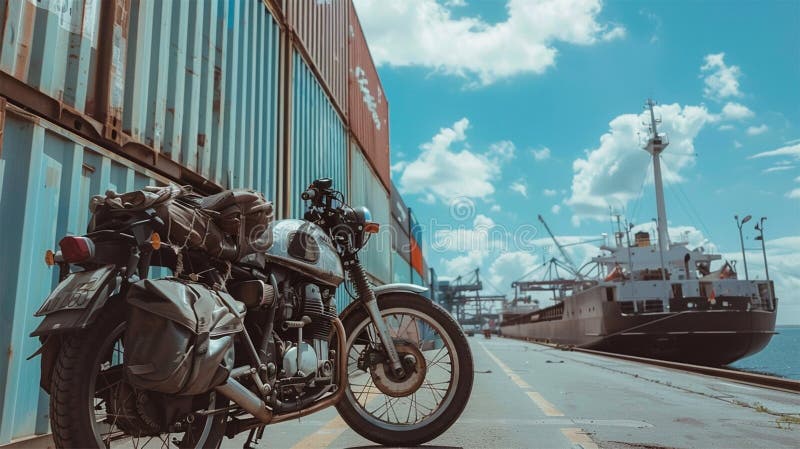 Motorcycle and Cargo Ship at Port Stock Illustration - Illustration of ...