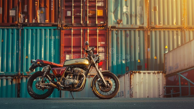 Motorcycle and Cargo Ship at Port Stock Illustration - Illustration of ...