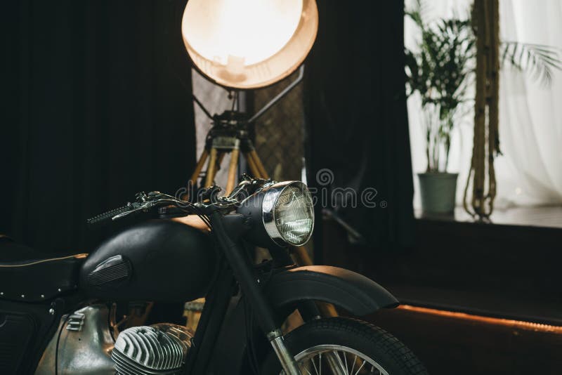 Motorcycle in a Classic Interior Stock Photo - Image of lights, room ...