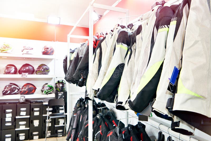 Motorcycle Clothing and Helmets in Shop Stock Image - Image of ...