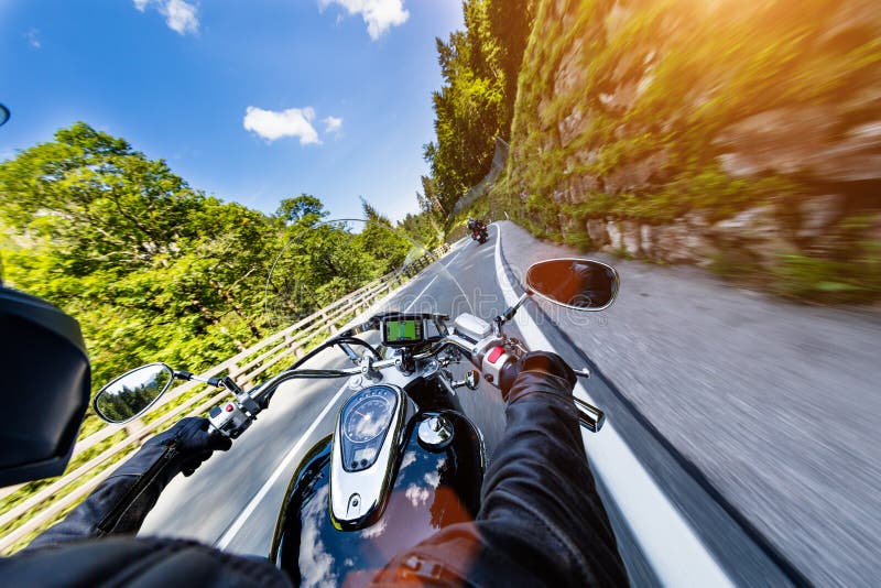 Motorcycle Driver Riding in Alpine Highway, Handlebars View, Austria ...