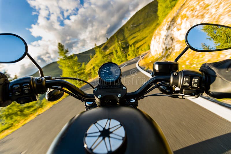 Motorcycle Driver Riding in Alpine Highway, Handlebars View, Austria ...