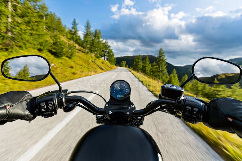 Motorcycle Driver Riding in Alpine Highway, Handlebars View, Dolomites ...