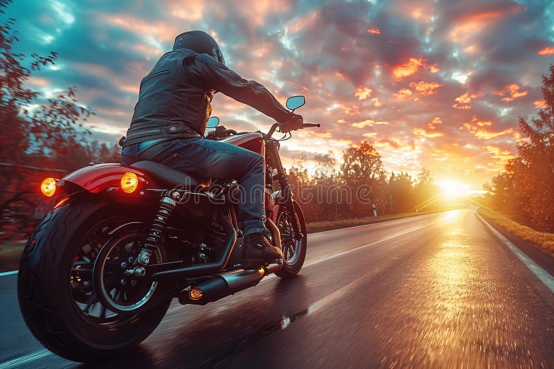 Motorcycle Driver Riding Down Road with Sun Rising Behind Him Stock ...