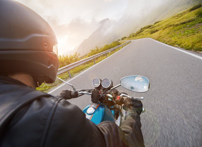 Motorcycle Driver Riding on Mountain Highway, Handlebars View Stock ...