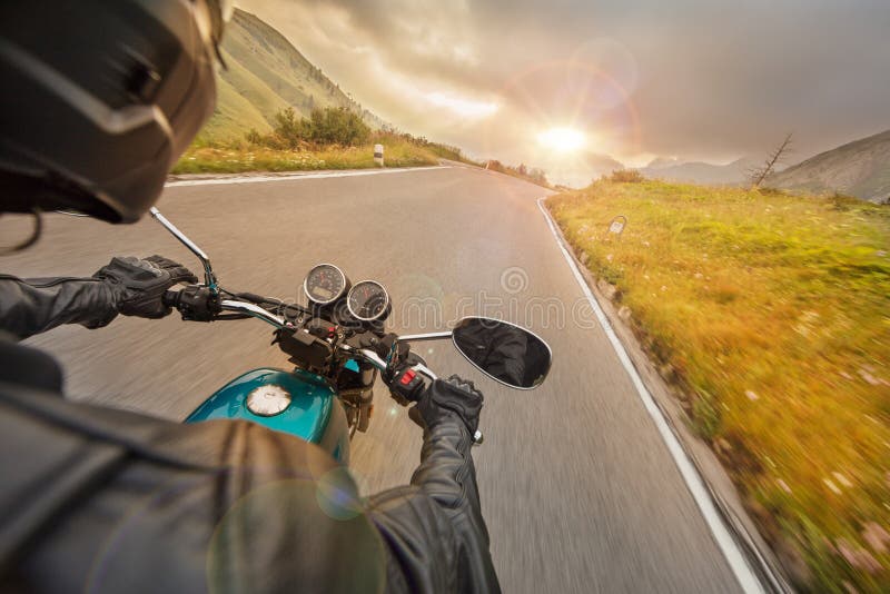 Motorcycle Driver Riding on Mountain Highway, Handlebars View Stock ...