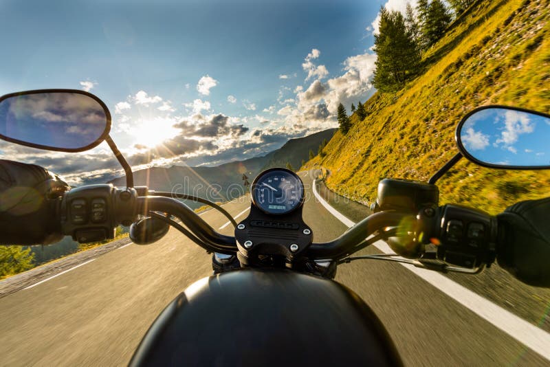 Motorcycle Driver Riding on Mountains Highway, Handlebars View Stock ...