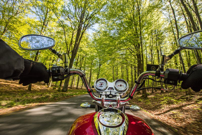 Motorcycle Driver Riding In The Forest Stock Image - Image of street ...