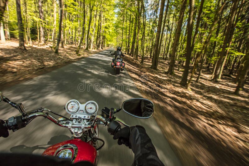 Motorcycle Driver Riding in Spring Forest. Stock Photo - Image of ...