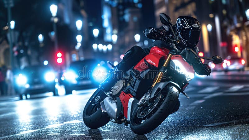 Motorcycle Drives through a City at Night Stock Image - Image of ...